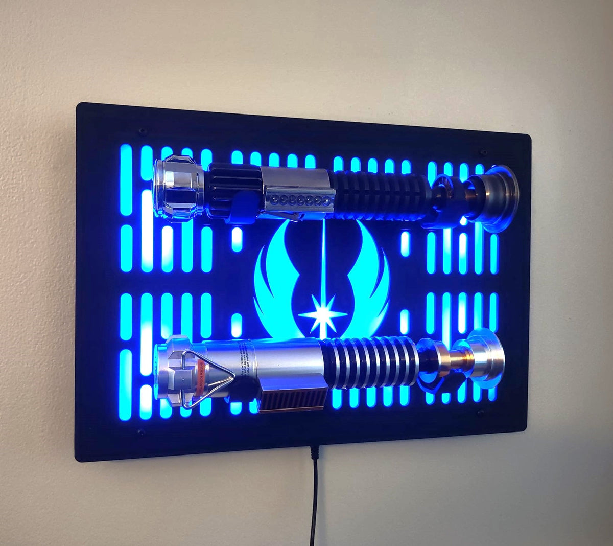 double lightsaber wallmount display with logo cutout – QuestDesignCanada